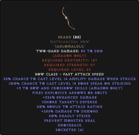 Buy Diablo 2 Brand Matriarchal Bow – 3 B&C At D2trophy.com