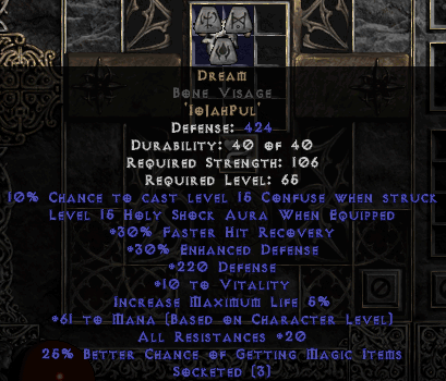 Kaufen Sie Diablo 2 Dream Bone Visage - 5-20% All Resists bei D2trophy.com