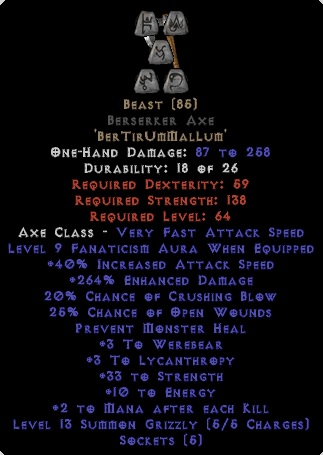 Buy Diablo 2 Beast Berserker Axe 240-269% ED & 25-40 Str At D2trophy.com