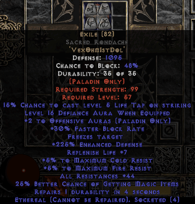 Buy Diablo 2 Exile Sacred Rondache – Ebugged 35-44 All Resistances ...